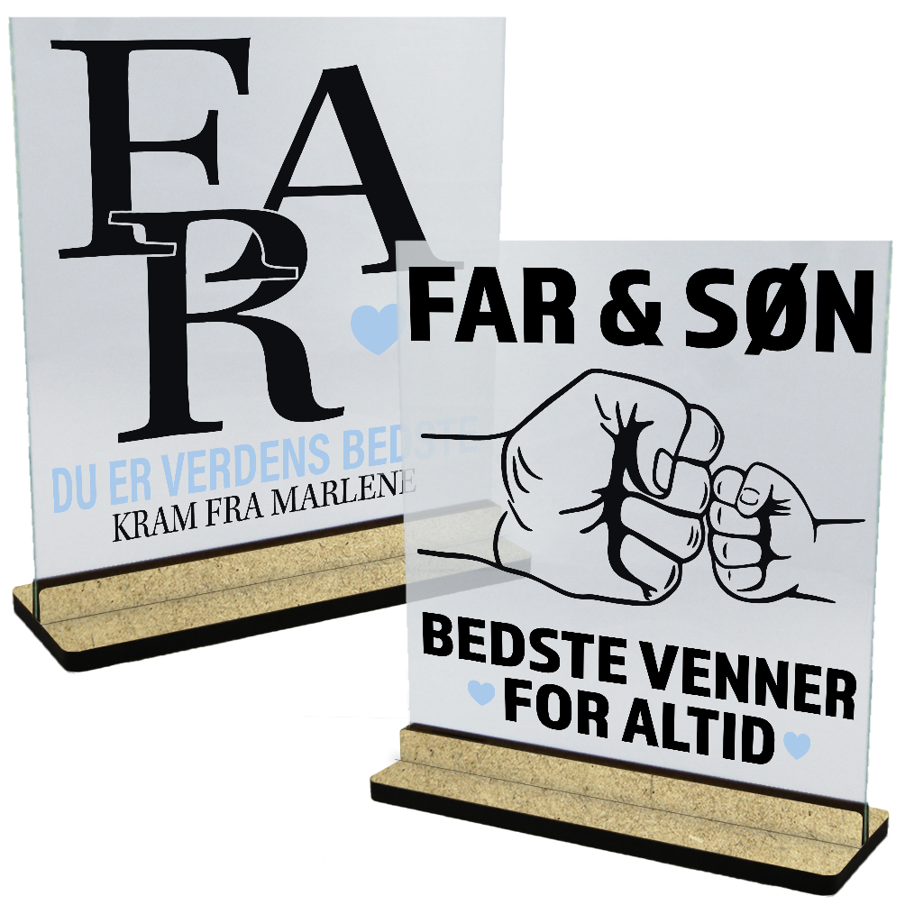 Glasskilte med træfiber holder til far - Personlige gaver til FAR