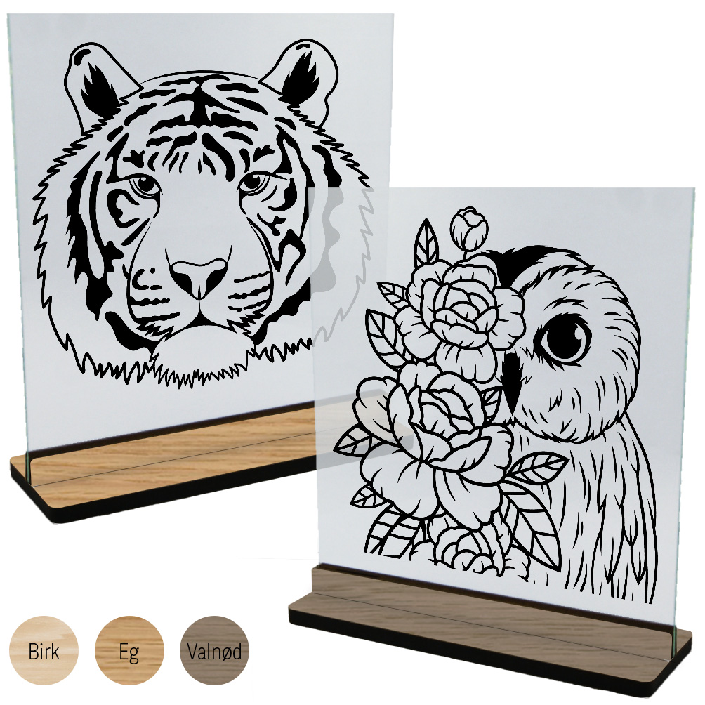 Glasskilte med birke-, eg- & valnødtræfinér holder med dyr 👉️